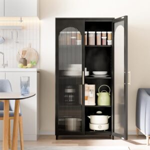 ZONLESON Storage Cabinet with Glass Doors,Accent Cabinet for Living Room,Hallway and Kitchen,Sideboard Buffet Cabinet with Glass Doors,Black Metal Cabinet (TallDoor-2)