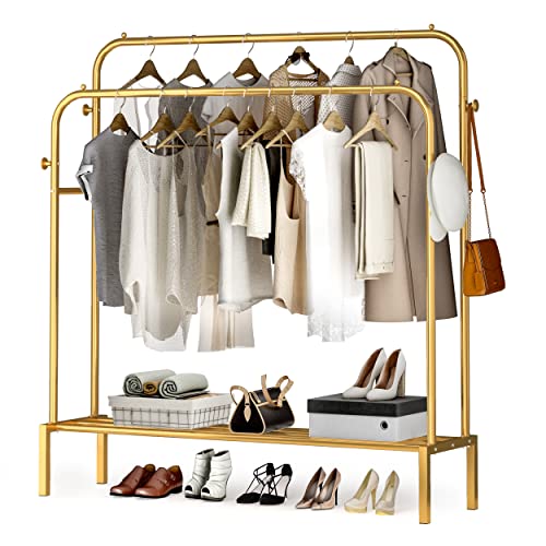 JOISCOPE Double Rods Portable Garment Rack for Hanging clothes, 43.5 * 60.6 Inch Metal Clothing Rack with Bottom Shelves and 4 Hooks,Freestanding Clothes Rack for Bedroom,Space Saving, Gold