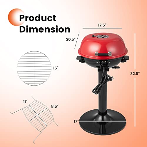 COSTWAY Portable Electric Grill, with Warming Tray, 1600W Heating Element, Adjustable Temperature Control & Removable Grease Tray, Sturdy Stand, Indoor & Outdoor BBQ Grill for Patio & Backyard (Red)