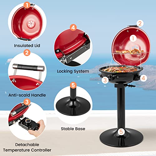 COSTWAY Portable Electric Grill, with Warming Tray, 1600W Heating Element, Adjustable Temperature Control & Removable Grease Tray, Sturdy Stand, Indoor & Outdoor BBQ Grill for Patio & Backyard (Red)