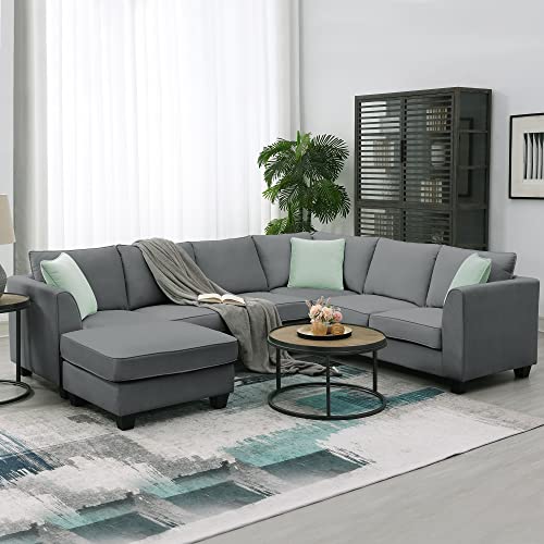 Merax Modern Large U-Shape Sectional Sofa, 7 Seat Fabric Sectional Sofa Set with Movable Ottoman, L Shape Sectional Sofa Corner Couch with 3 Pillows for Living Room Apartment, Office