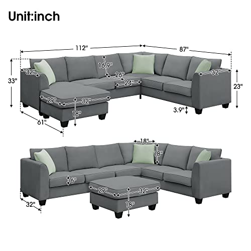 Merax Modern Large U-Shape Sectional Sofa, 7 Seat Fabric Sectional Sofa Set with Movable Ottoman, L Shape Sectional Sofa Corner Couch with 3 Pillows for Living Room Apartment, Office