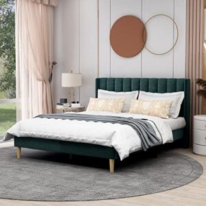 agartt upholstered platform bed frame queen size with headboard and footboard/wooden slats support/no box spring needed/easy assembly,ink green velvet