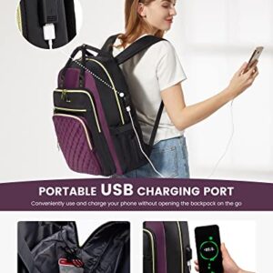 LOVEVOOK Laptop Backpack Purse for Women, 15.6" Laptop Bag for Travel with USB Port, Water Resistant Lightweight Daypacks for College Work Business, Nurse Teacher Computer Bags, Purple Black