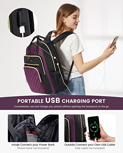 LOVEVOOK Laptop Backpack Purse for Women, 15.6" Laptop Bag for Travel with USB Port, Water Resistant Lightweight Daypacks for College Work Business, Nurse Teacher Computer Bags, Purple Black