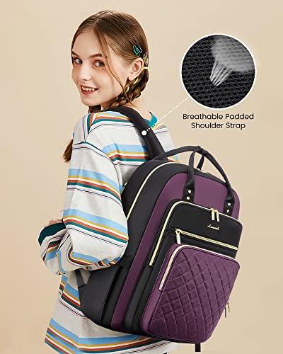 LOVEVOOK Laptop Backpack Purse for Women, 15.6" Laptop Bag for Travel with USB Port, Water Resistant Lightweight Daypacks for College Work Business, Nurse Teacher Computer Bags, Purple Black