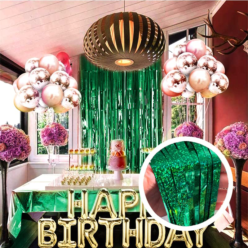 2 Pack Green foil Fringe Curtains 3.2 ft x 8.2 ft + 1 Pack Tablecloth 54” x108 for Birthday Wedding Christmas Bridal Shower Bachelorette Holiday Party Backdrops Photo Booth Props (Green)