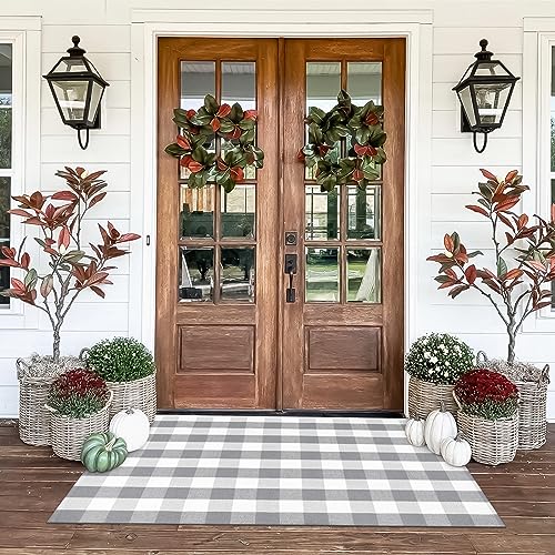 LEEVAN Cotton Buffalo Plaid Rugs 4x6 Grey Checkered Rug Washable Woven Outdoor Porch Welcome Braided Door Mat for Layered Kitchen Farmhouse Bathroom Entryway Throw Carpet