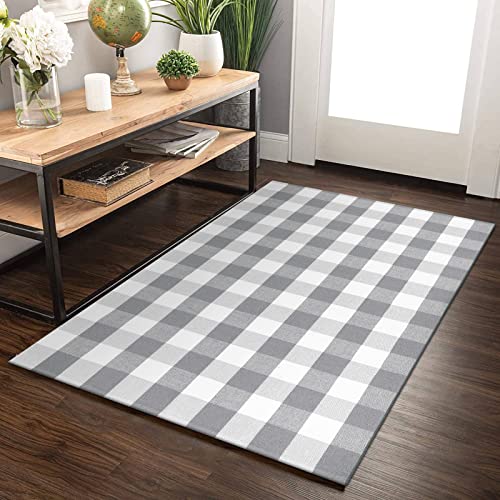 LEEVAN Cotton Buffalo Plaid Rugs 4x6 Grey Checkered Rug Washable Woven Outdoor Porch Welcome Braided Door Mat for Layered Kitchen Farmhouse Bathroom Entryway Throw Carpet