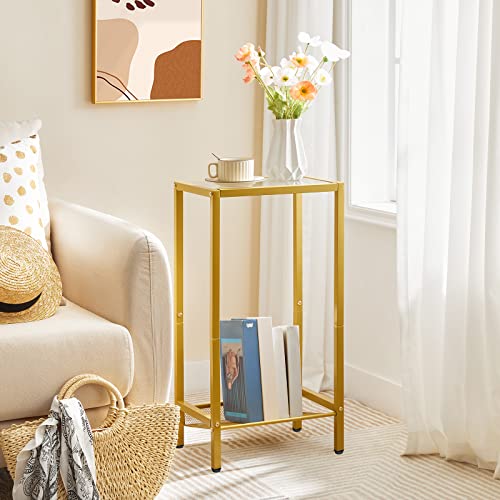 HOOBRO Tall Side Table, Morden Tempered Glass End Telephone Table with Adjustable Mesh Shelves, Small Entryway Table, Laptop Table for Office, Hallway, Living Room, Gold GD03DH01