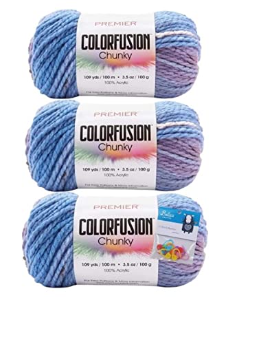 Premier Yarns Colorfusion Chunky Yarn - 3.5 Oz - #5 Bulky Weight - 3-Pack Bundle with Bella's Crafts Stitch Markers (Cotton Candy)