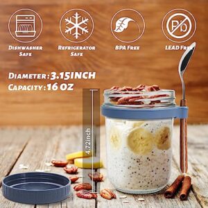 6 Pack Overnight Oats Jars with Lids and Spoons, 16 oz Glass Bottles Containers Large Capacity Yogurt Containers Airtight Jars for Milk, Cereal Storage Jars with Lids for Oatmeal Container to go