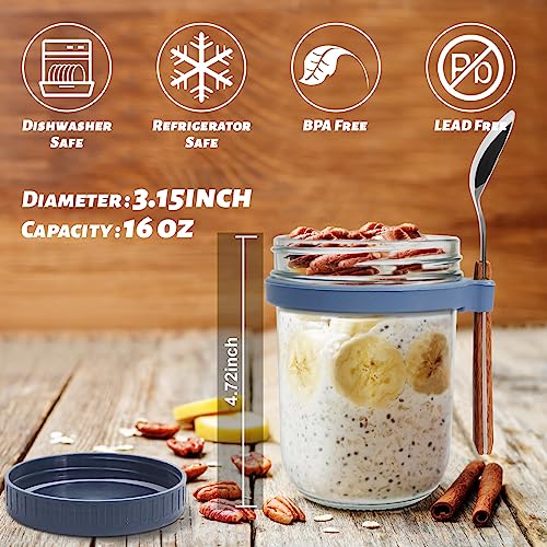 6 Pack Overnight Oats Jars with Lids and Spoons, 16 oz Glass Bottles Containers Large Capacity Yogurt Containers Airtight Jars for Milk, Cereal Storage Jars with Lids for Oatmeal Container to go