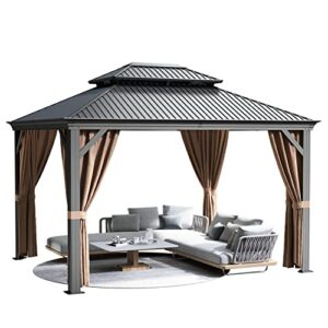 Devoko Outdoor Hardtop Gazebo Galvanized Steel Metal Gazebo Aluminum Frame Double Roof Outdoor Gazebo with Nettings and Curtains for Patios, Garden (10' x12' FT)