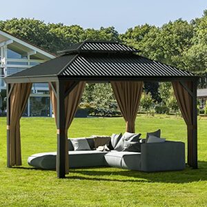 devoko outdoor hardtop gazebo galvanized steel metal gazebo aluminum frame double roof outdoor gazebo with nettings and curtains for patios, garden (10' x12' ft)