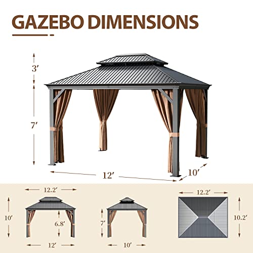 Devoko Outdoor Hardtop Gazebo Galvanized Steel Metal Gazebo Aluminum Frame Double Roof Outdoor Gazebo with Nettings and Curtains for Patios, Garden (10' x12' FT)