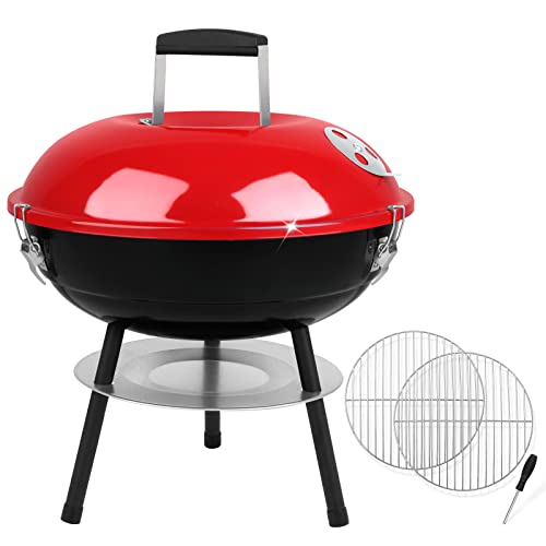 14in Charcoal Grill with 2 Grilling Racks, Joyfair Portable BBQ Grill for Outdoor Camping/Backyard Barbecue Party, Enamel Coated Fire Box & Dual Ventilation System, Lightweight & Easy Carrying, Red