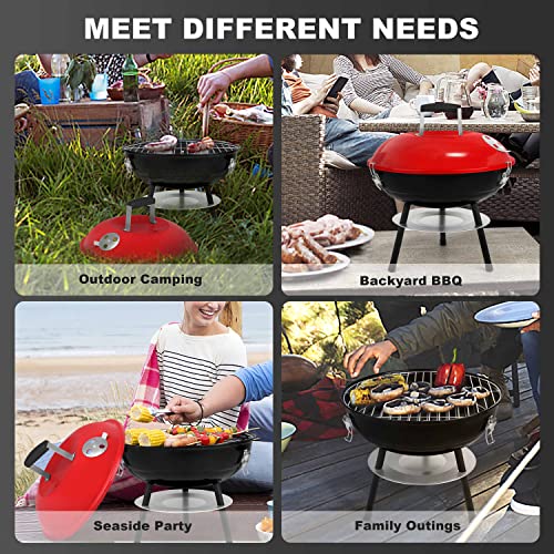 14in Charcoal Grill with 2 Grilling Racks, Joyfair Portable BBQ Grill for Outdoor Camping/Backyard Barbecue Party, Enamel Coated Fire Box & Dual Ventilation System, Lightweight & Easy Carrying, Red