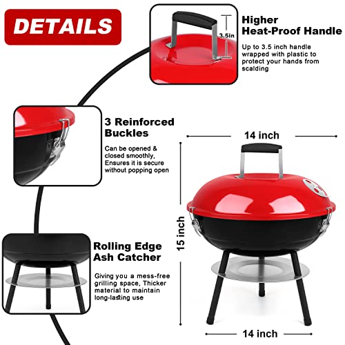 14in Charcoal Grill with 2 Grilling Racks, Joyfair Portable BBQ Grill for Outdoor Camping/Backyard Barbecue Party, Enamel Coated Fire Box & Dual Ventilation System, Lightweight & Easy Carrying, Red