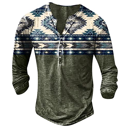 FlekmanArt Mens Shirts Gift for Men Henley Shirts for Men, Aztec Western T Shirt with Button Golf Shirt Spring Summer Underwear Lightweight Tee Marine Corps Gifts for Men Army Green XL