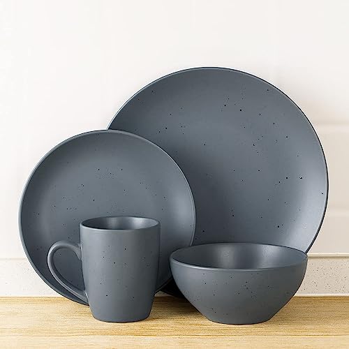 Famiware 16 Piece Moon Dinnerware Sets, Kitchen Plates and Bowls Set for 4, Dish Set with Speckled Design, Microwave and Dishwasher Safe, Charcoal