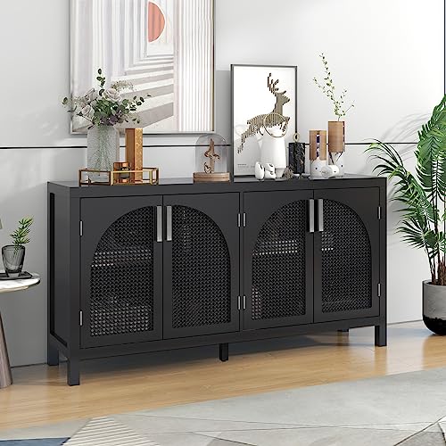 Large Storage Space Sideboard with 4 Artificial Rattan Door, Wooden Storage Cabinet with Metal Handles and Adjustable Shelves, Retro Console Table for Dining Room Living Room Entryway (Black)