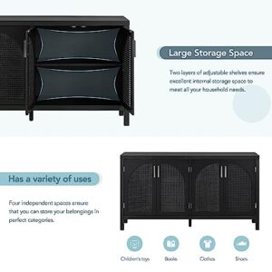 Large Storage Space Sideboard with 4 Artificial Rattan Door, Wooden Storage Cabinet with Metal Handles and Adjustable Shelves, Retro Console Table for Dining Room Living Room Entryway (Black)