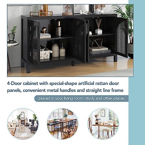 Large Storage Space Sideboard with 4 Artificial Rattan Door, Wooden Storage Cabinet with Metal Handles and Adjustable Shelves, Retro Console Table for Dining Room Living Room Entryway (Black)