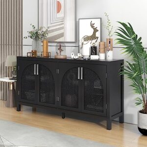 Large Storage Space Sideboard with 4 Artificial Rattan Door, Wooden Storage Cabinet with Metal Handles and Adjustable Shelves, Retro Console Table for Dining Room Living Room Entryway (Black)