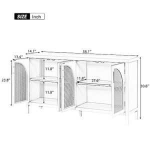 Large Storage Space Sideboard with 4 Artificial Rattan Door, Wooden Storage Cabinet with Metal Handles and Adjustable Shelves, Retro Console Table for Dining Room Living Room Entryway (Black)