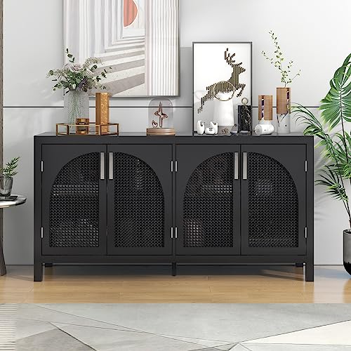 Large Storage Space Sideboard with 4 Artificial Rattan Door, Wooden Storage Cabinet with Metal Handles and Adjustable Shelves, Retro Console Table for Dining Room Living Room Entryway (Black)