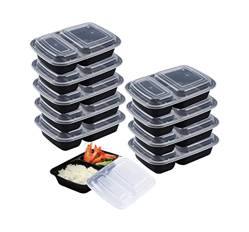 Neez 28 Oz Pack of 10-2 Compartment Meal Prep Containers with Lids - Food Storage Bento Box BPA Free - Reusable, Disposable, Microwavable & Stackable - Plastic