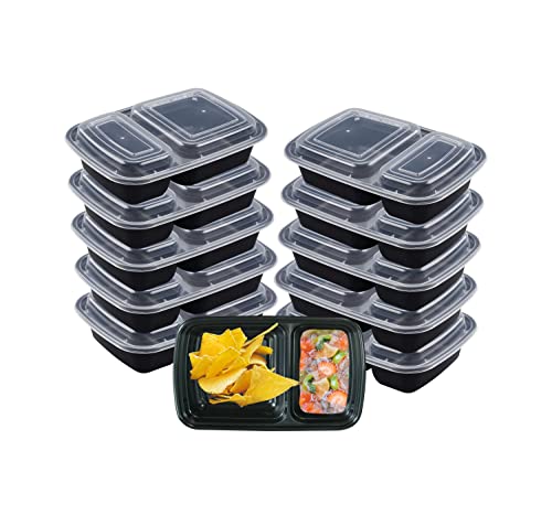 Neez 28 Oz Pack of 10-2 Compartment Meal Prep Containers with Lids - Food Storage Bento Box BPA Free - Reusable, Disposable, Microwavable & Stackable - Plastic