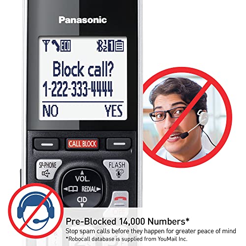 Panasonic Cordless Phone with Advanced Call Block, Link2Cell Bluetooth, One-Ring Scam Alert, and 2-Way Recording with Answering Machine, 5 Handsets - KX-TGF975B (Black with Silver Trim)