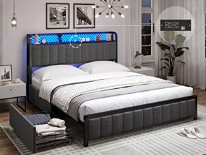 adorneve queen bed frame with led lights headboard & 4 storage drawers, upholstered platform bed with outlets & usb ports, led bed frame with storage headboard, no box spring needed,dark grey