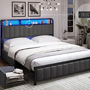 ADORNEVE Queen Bed Frame with LED Lights Headboard & 4 Storage Drawers, Upholstered Platform Bed with Outlets & USB Ports, LED Bed Frame with Storage Headboard, No Box Spring Needed,Dark Grey