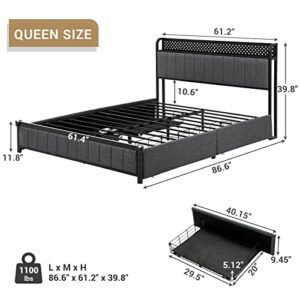 ADORNEVE Queen Bed Frame with LED Lights Headboard & 4 Storage Drawers, Upholstered Platform Bed with Outlets & USB Ports, LED Bed Frame with Storage Headboard, No Box Spring Needed,Dark Grey