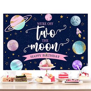 9x6ft Two The Moon 2nd Birthday Backdrop for Boy or Girl Outer Space Rocket Astronaut Theme Background Night Sky Gold Hanging Stars Planet Galaxy Photo Photography Party Decoration Supplies