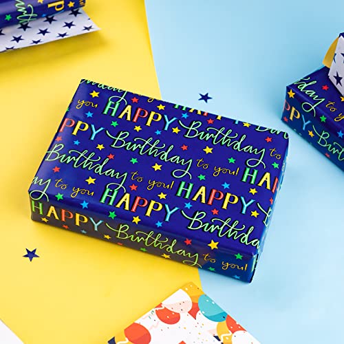 WRAPAHOLIC Reversible Birthday Wrapping Paper - Mini Roll - 17 Inch X 33 Feet - Colorful Happy Birthday Lettering and Stars Design for Party, Baby Shower, Holiday