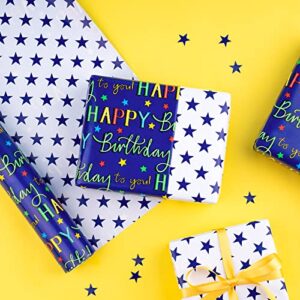 WRAPAHOLIC Reversible Birthday Wrapping Paper - Mini Roll - 17 Inch X 33 Feet - Colorful Happy Birthday Lettering and Stars Design for Party, Baby Shower, Holiday