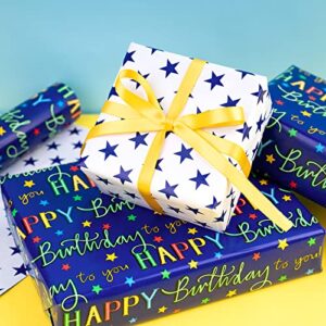 WRAPAHOLIC Reversible Birthday Wrapping Paper - Mini Roll - 17 Inch X 33 Feet - Colorful Happy Birthday Lettering and Stars Design for Party, Baby Shower, Holiday