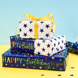 WRAPAHOLIC Reversible Birthday Wrapping Paper - Mini Roll - 17 Inch X 33 Feet - Colorful Happy Birthday Lettering and Stars Design for Party, Baby Shower, Holiday