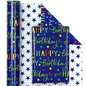 WRAPAHOLIC Reversible Birthday Wrapping Paper - Mini Roll - 17 Inch X 33 Feet - Colorful Happy Birthday Lettering and Stars Design for Party, Baby Shower, Holiday