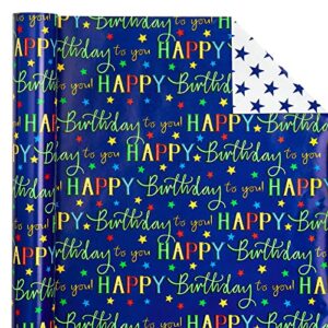 WRAPAHOLIC Reversible Birthday Wrapping Paper - Mini Roll - 17 Inch X 33 Feet - Colorful Happy Birthday Lettering and Stars Design for Party, Baby Shower, Holiday