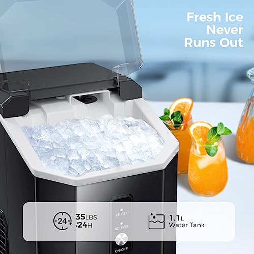 AGLUCKY Nugget Ice Maker Countertop, Portable Pebble Ice Maker Machine with Handle, 35lbs/24H, One-Click Operation,Pellet Ice Maker for Home/Kitchen/Office(Black)