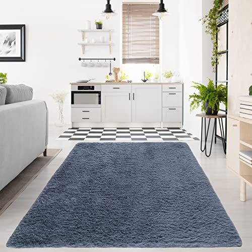 YUFANUHO Blue Area Rugs for Living Room, Ultra Soft 5x7 Feet Blue Grey Shaggy Rugs for Bedroom, Kids Room, Home Decor High Pile Velvety 5'x7' Shag Carpets Blue/Grey