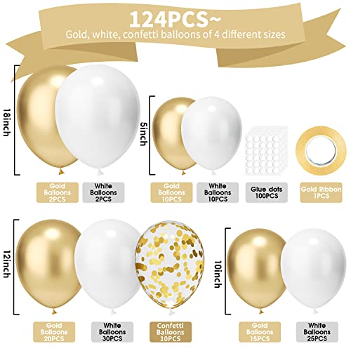 ZOPIBAICO White Gold Balloon Garland Arch Kit - 124pcs 18 12 10 5In White Metallic Chrome Gold and Gold Confetti Latex Balloons for Graduation Birthday Wedding New Year Party Decorations