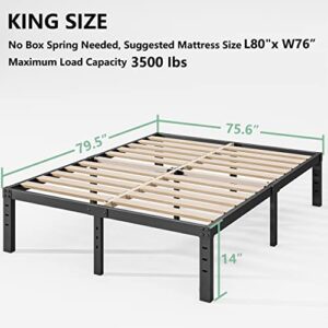 Breezehome King Size Bed Frame with Wide Wood Slats / 14 Inch High Heavy Duty Metal Mattress Foundation/Noise-Free Platform/No Box Spring Needed/Easy Assembly