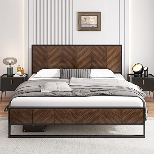 HIFIT King Deluxe Bed Frame with Natural Wood Finished Headboard and Footboard, Wood Platform Bed Frame with Strong Metal Frame, Wood Slat Support, No Box Spring Needed, Noise Free, Rustic Brown