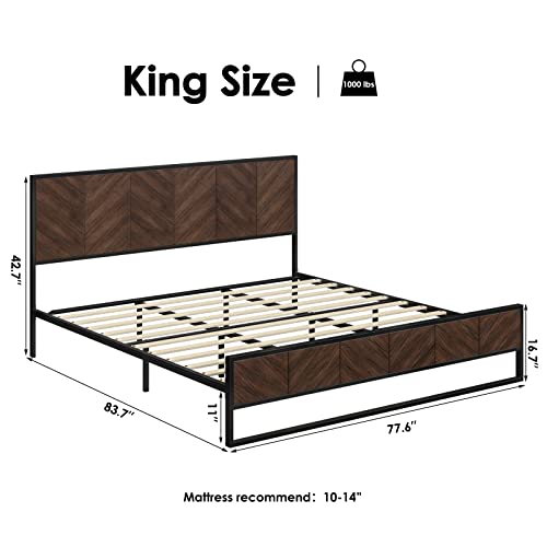 HIFIT King Deluxe Bed Frame with Natural Wood Finished Headboard and Footboard, Wood Platform Bed Frame with Strong Metal Frame, Wood Slat Support, No Box Spring Needed, Noise Free, Rustic Brown